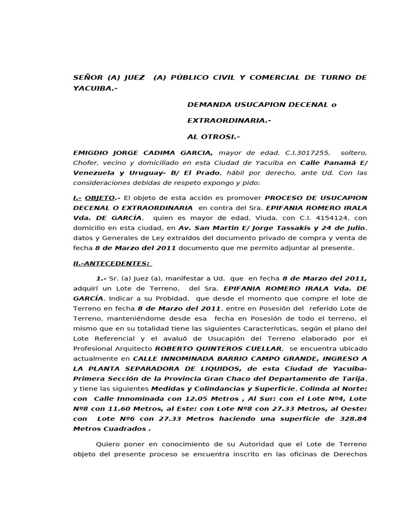 Demanda de Usucapión de Jorge Cadima | PDF | Posesión adversa ...