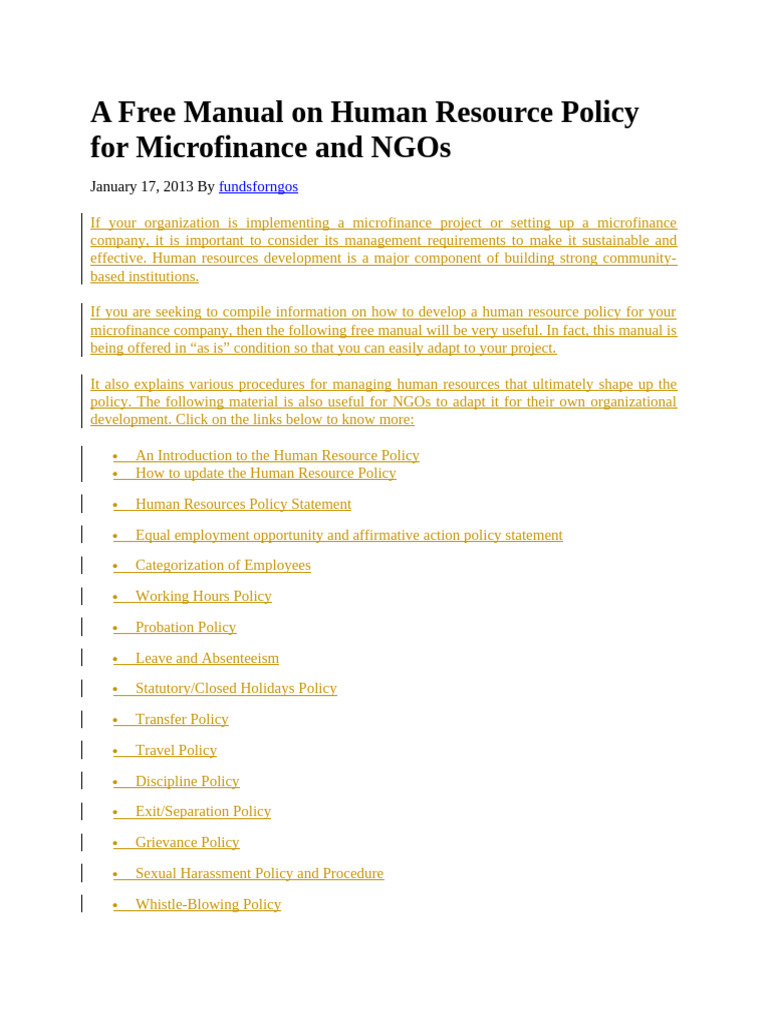 A Free Manual On Human Resource Policy For Microfinance and NGOs | PDF ...