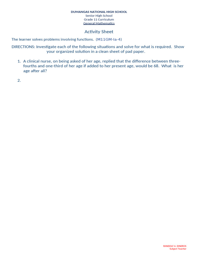 Activity Sheet-Solving Problems Involving Functions | PDF