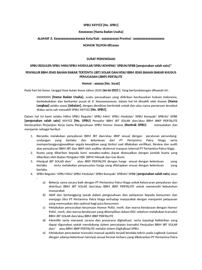 Surat Pernyataan Penyalur JBT JBKP Final | PDF