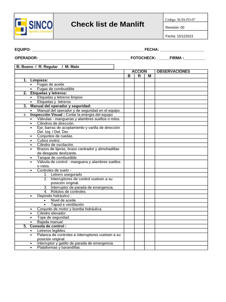SI-SS-FO-07 Check List Manlift | PDF