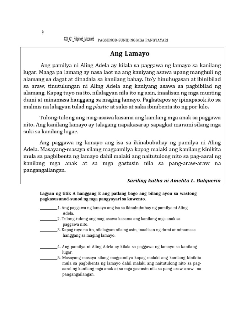 PAGSUNOD Sunod NG Mga Pangyayari Ayon Sa Kwentong Nabasa | PDF