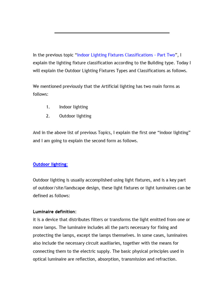 Outdoor Lighting Fixtures Classifications | PDF | Lighting | Street Light