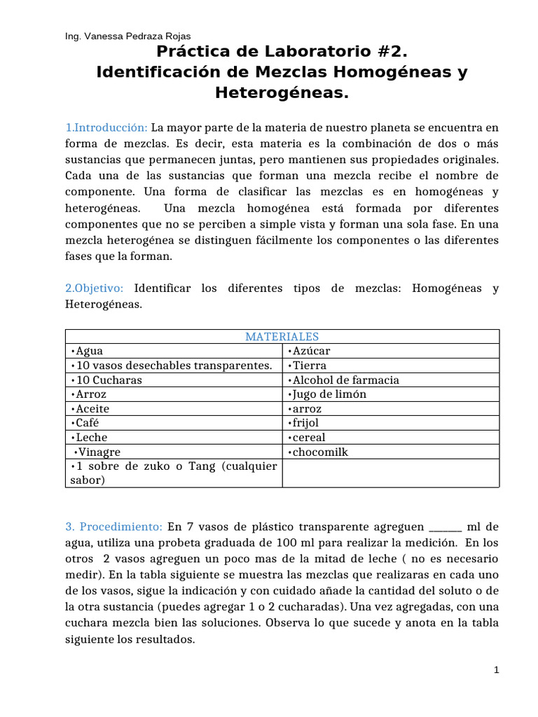 Práctica 1 Identificación de Mezclas Homogéneas y Heterogéneas | PDF | Mezcla | Química