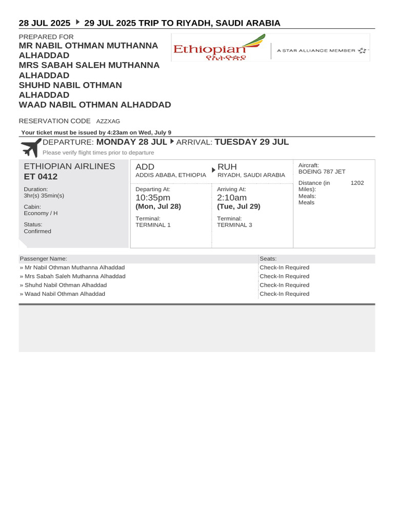 Travel Reservation July 28 For MR Nabil Othman Muthanna Alhaddad | PDF