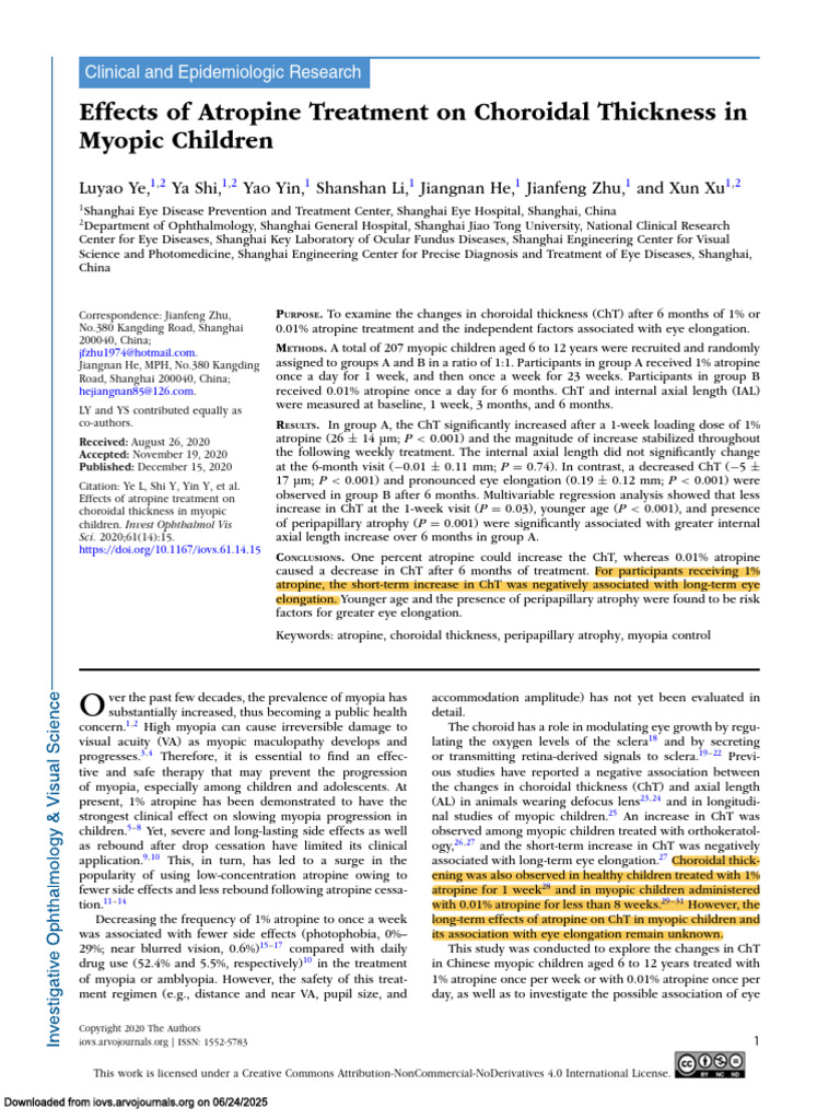 2020 - Effects of Atropine Treatment On Choroidal Thickness in Myopic ...