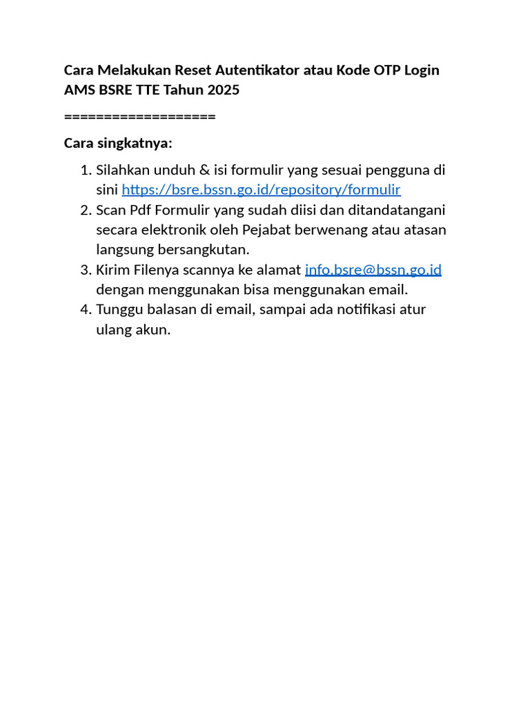 Cara Melakukan Reset Autentikator Atau Kode OTP Login AMS BSRE TTE Tahun 2025 | PDF