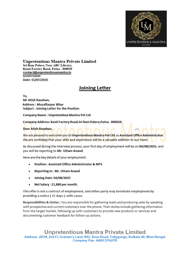 MR Atish Raushan's Joining Letter | PDF | Private Law | Justice