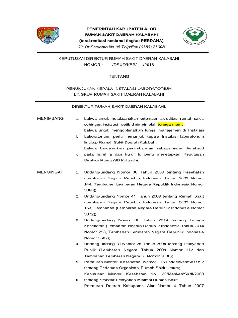 Penunjukan Kepala Laboratorium RSUD Kalabahi | PDF