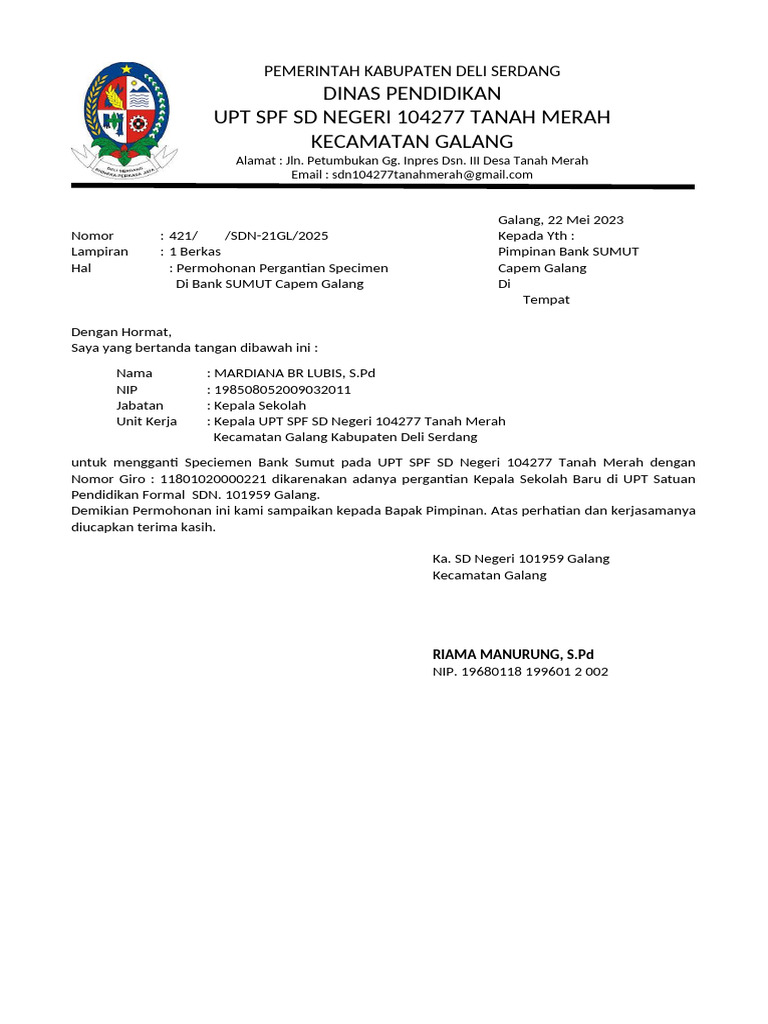 Permohonan Pergantian Specimen Bank | PDF