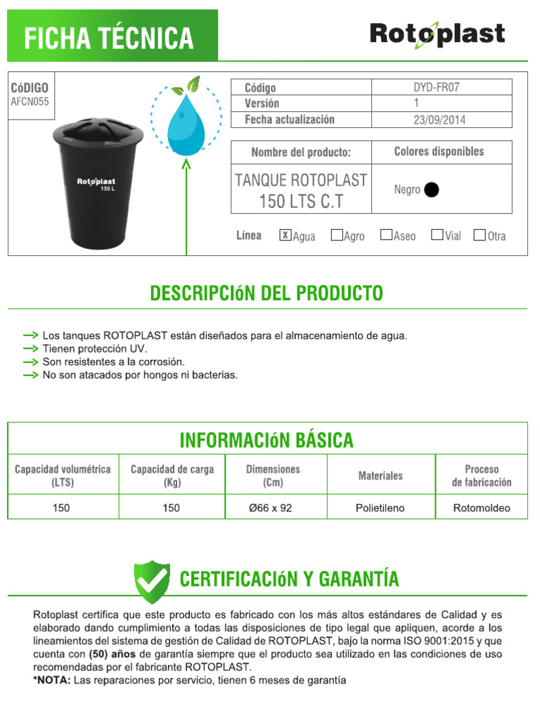 Fichas Tecnicas Tanque Rotoplast Unificadas | PDF