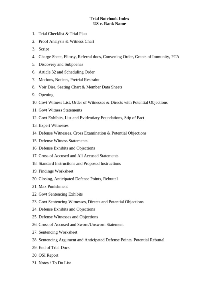 Trial Notebook Index To Print | PDF
