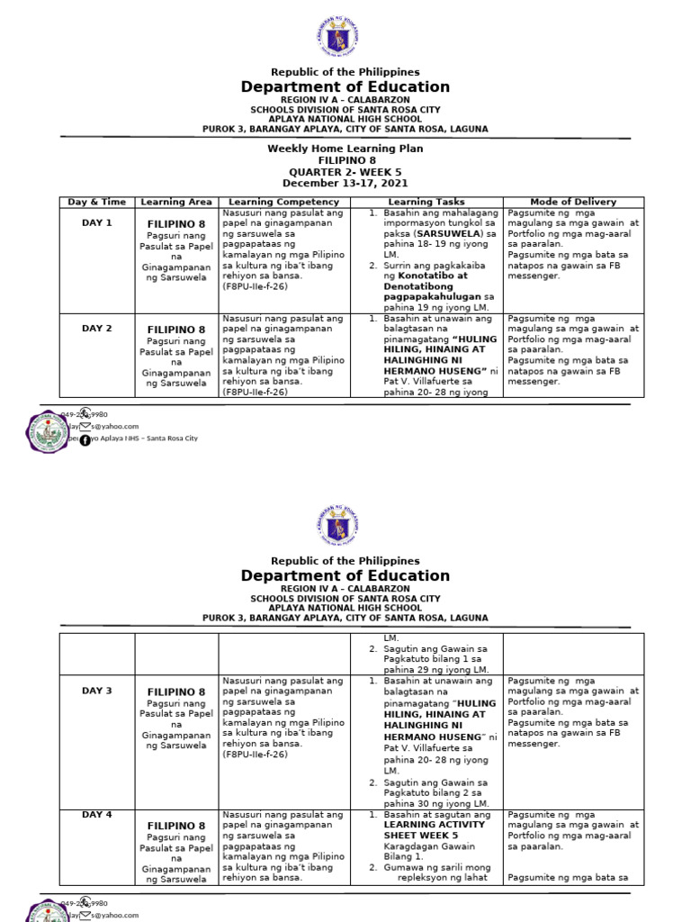 WHLP q2 Week 5 Filipino8 ('21 '22) | PDF