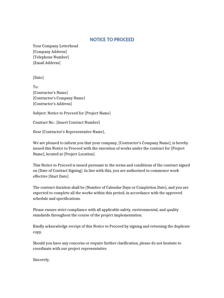 Notice To Proceed Template | PDF