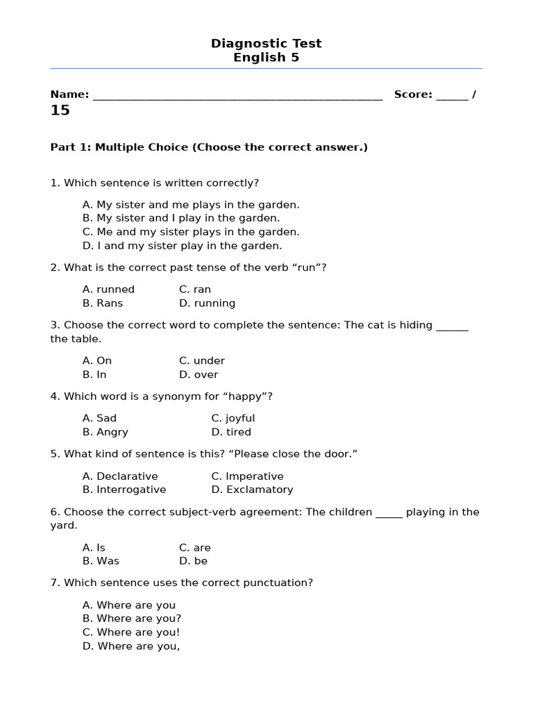 English 5 Diagnostic Test Guide | PDF | Linguistics