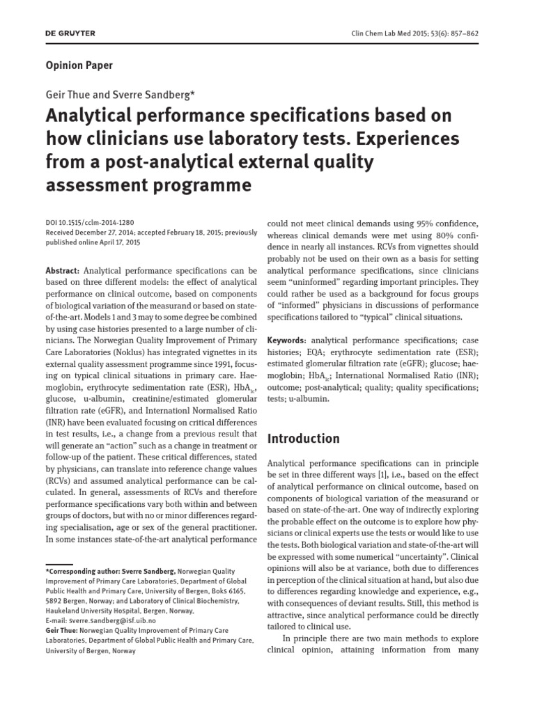 Analitycal Performance Specifications Based On How Clinicians Use Lab ...