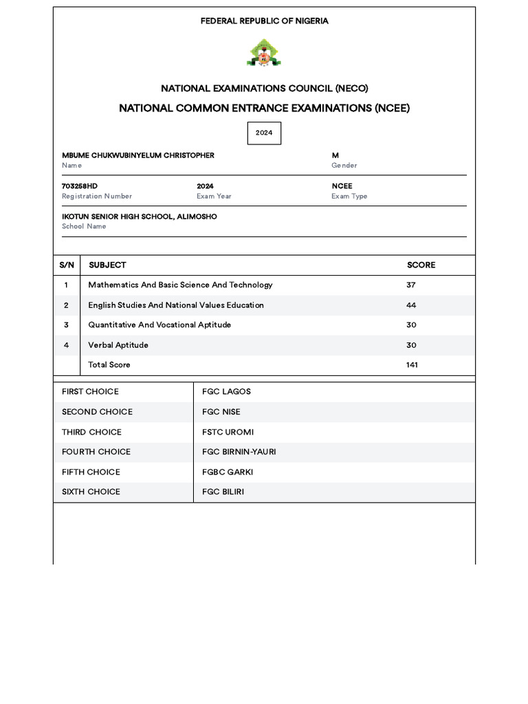 NECO Results Portal 1 | PDF