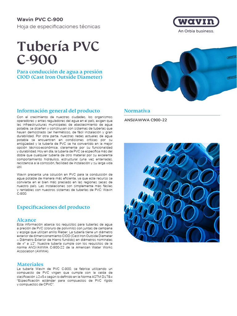 Tubería Wavin PVC C-900 para Agua | PDF | Tubería (transporte de ...