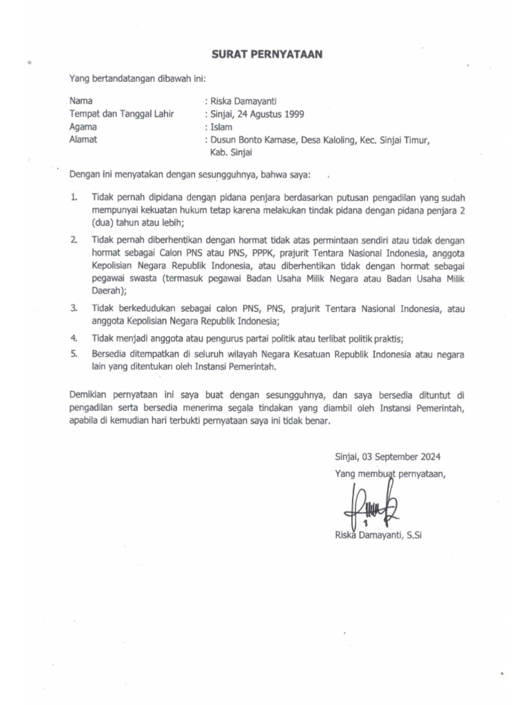 Surat Pernyataan 5poin Riska | PDF