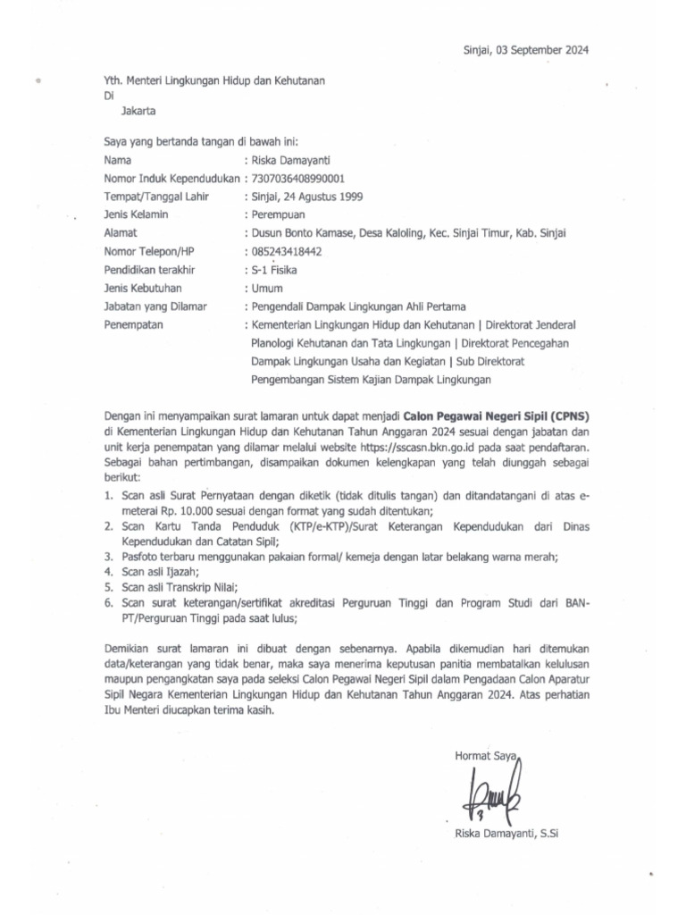 Surat Lamaran Riska | PDF