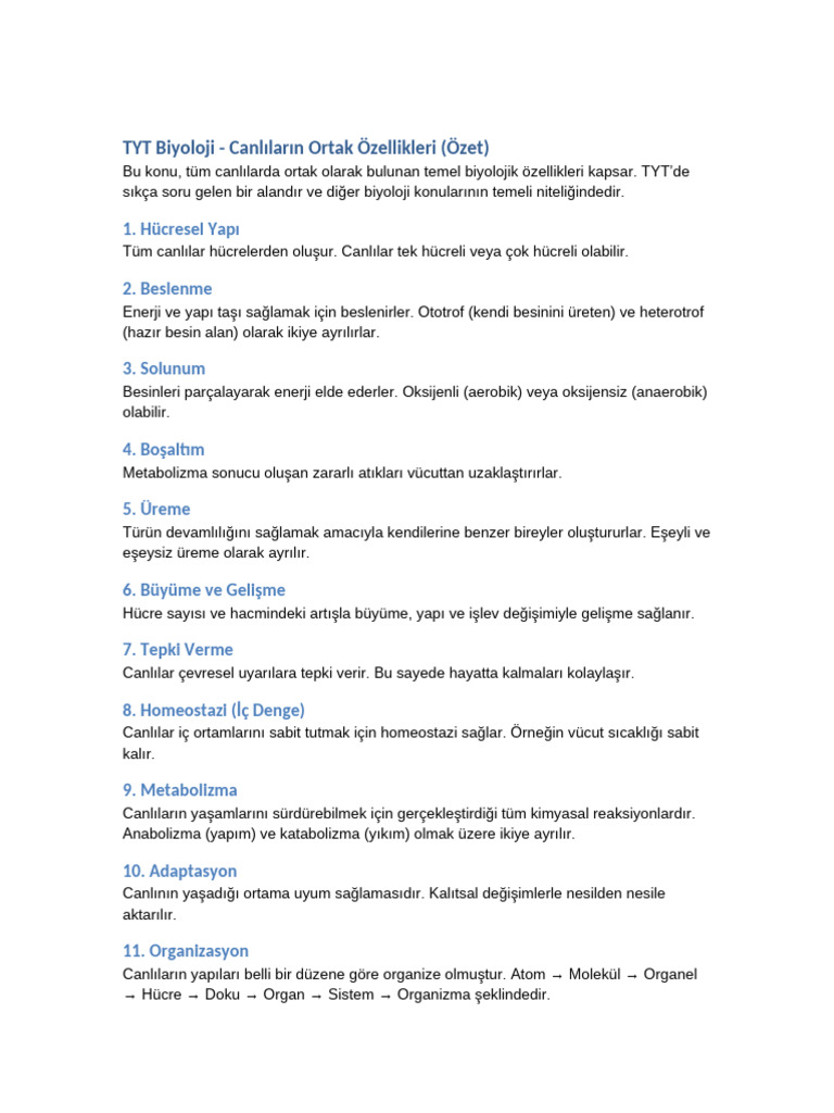 Tyt Biyoloji Canlilarin Ortak Ozellikleri | PDF
