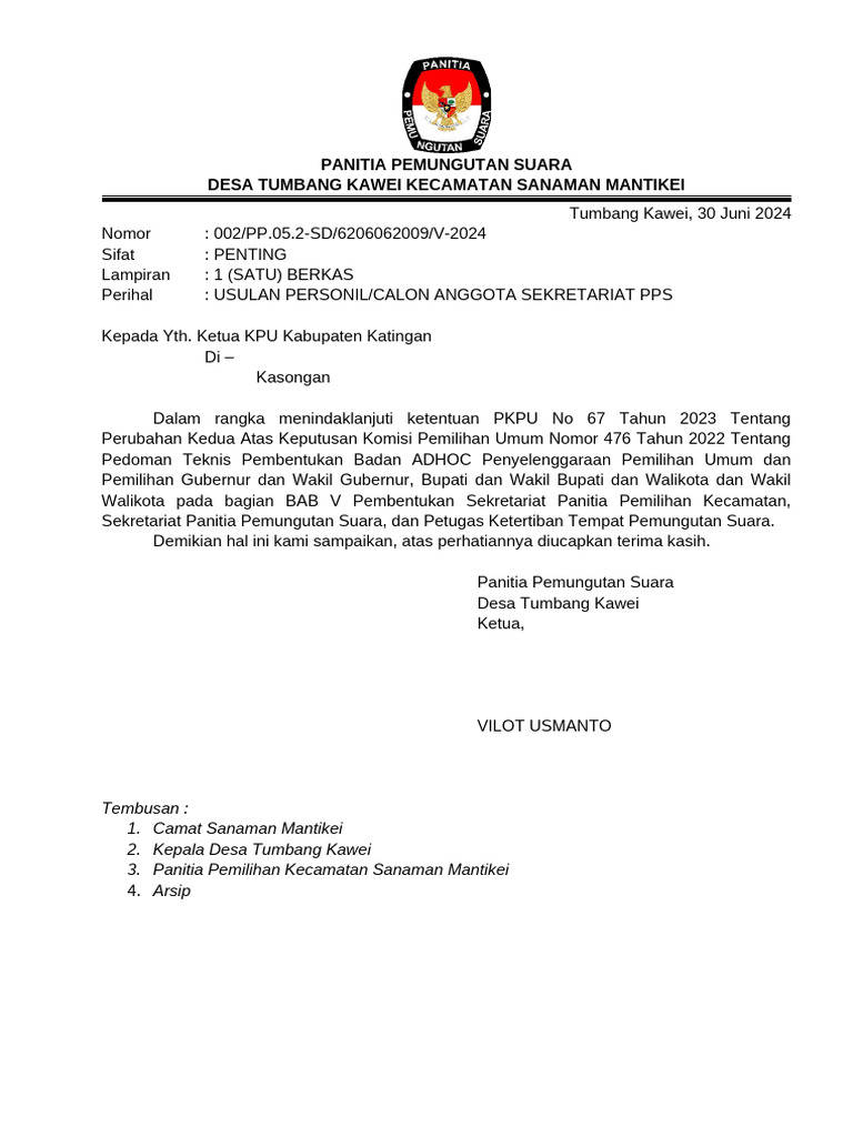 Form Surat Usulan Personil Sekretariat PPS | PDF