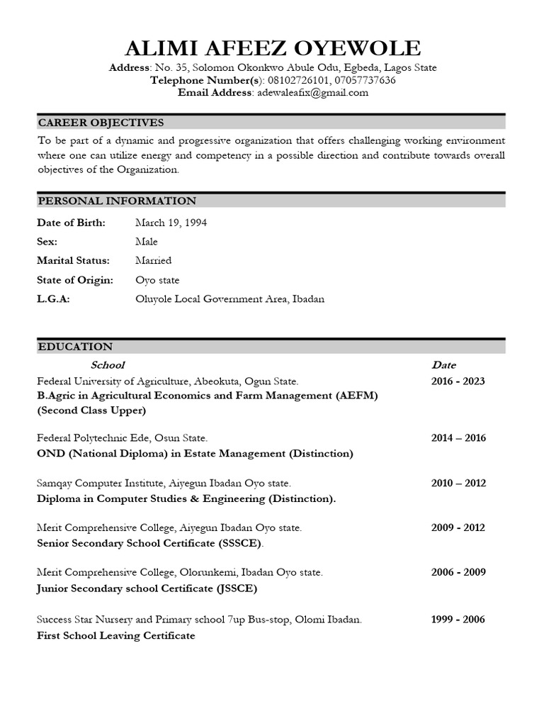 Alimi Afeez Oyewole Resume Summary | PDF
