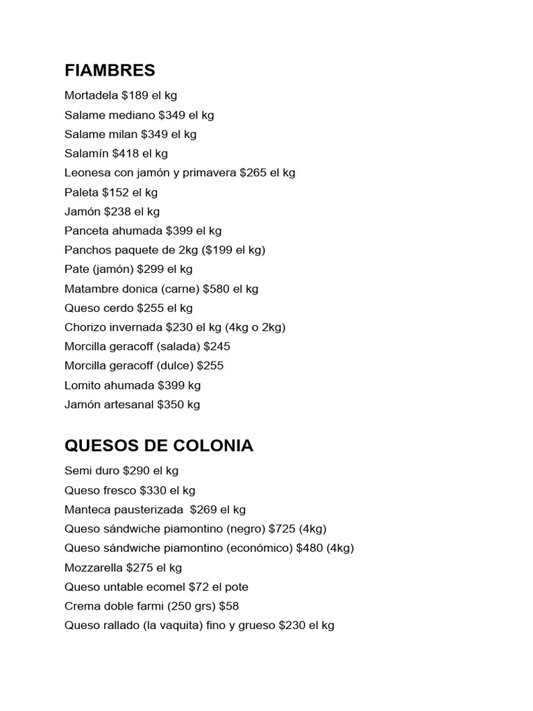 Lista Precios Fiambres | PDF
