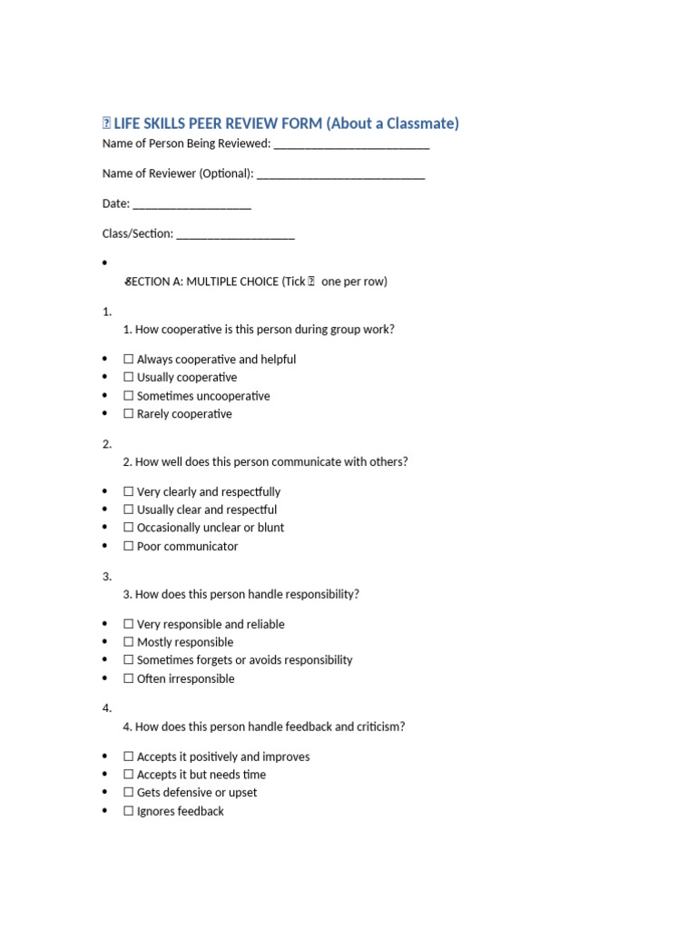 Peer Review Form for Life Skills Class | PDF