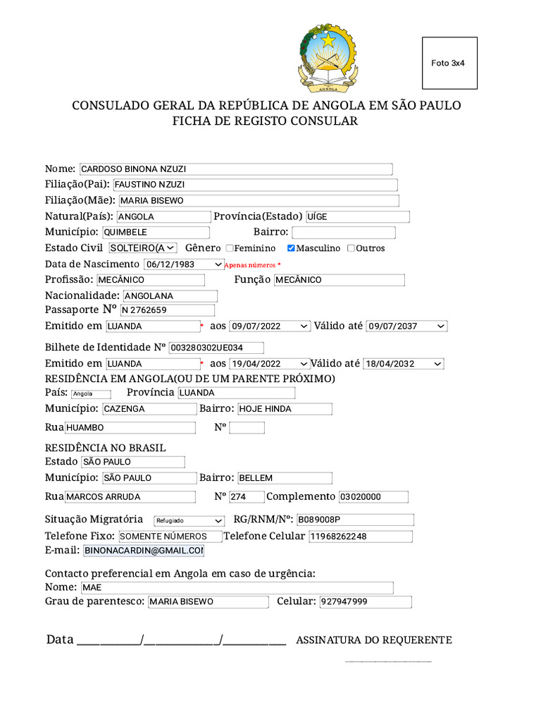 Ficha de Registro Consular Angola SP | PDF