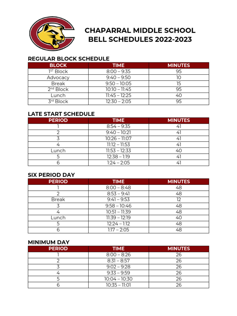 Chaparral Middle School BELL SCHEDULES 2022-2023: Regular Block ...