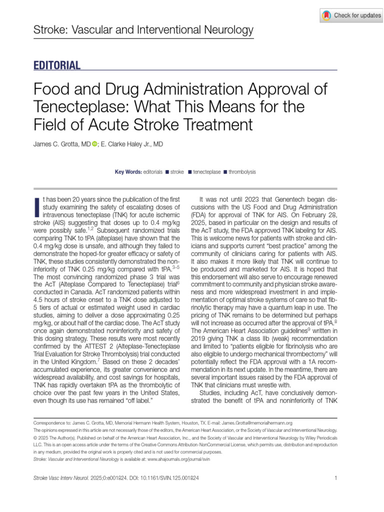 Grotta Haley Food and Drug Administration Approval of Tenecteplase What ...
