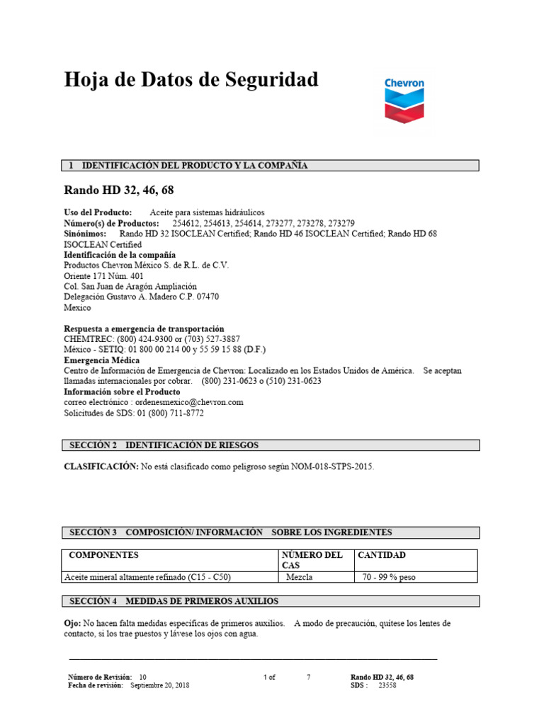 Hoja de Seguridad Rando HD 32, 46, 68 | PDF | Solubilidad | Agua
