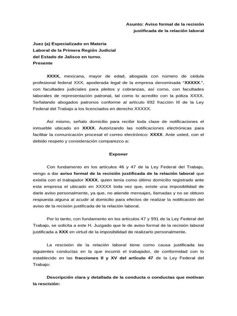 Aviso de Rescisión Laboral Justificada | PDF | Justicia | Crimen y ...