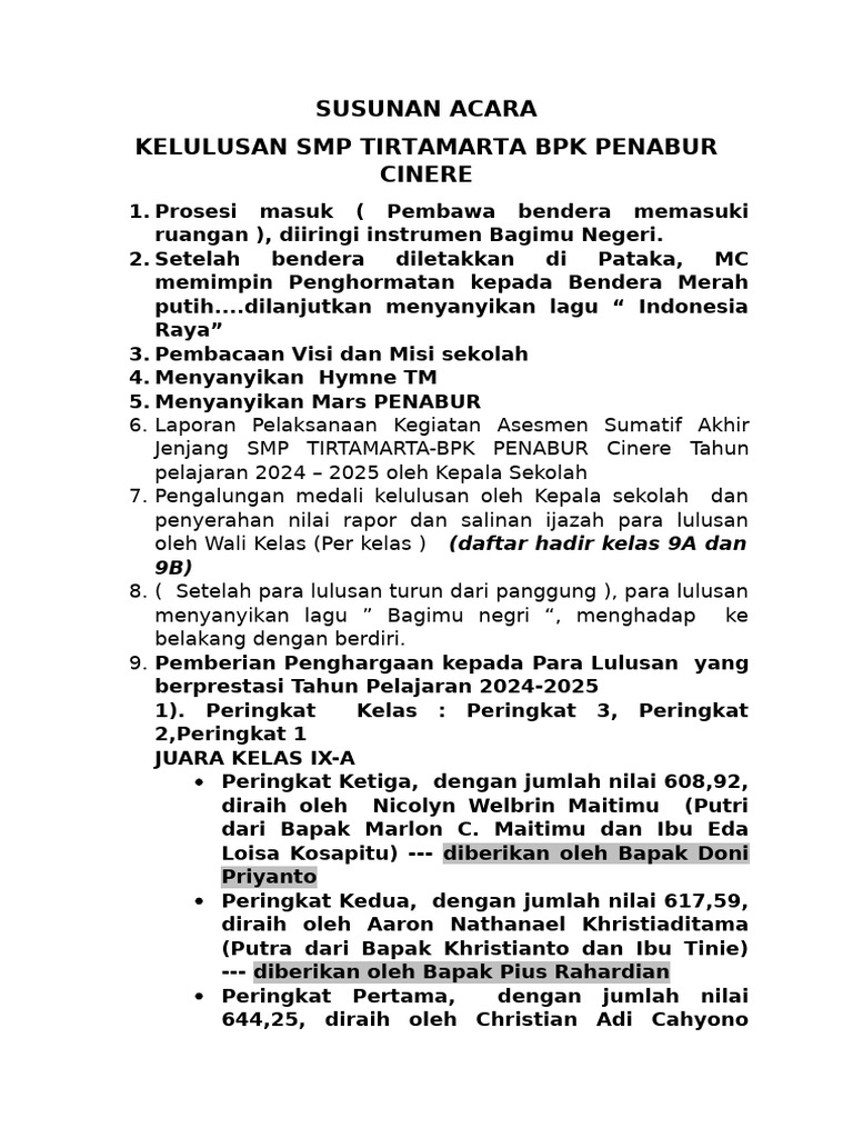 Acara Kelulusan SMP Tirtamarta 2025 | PDF