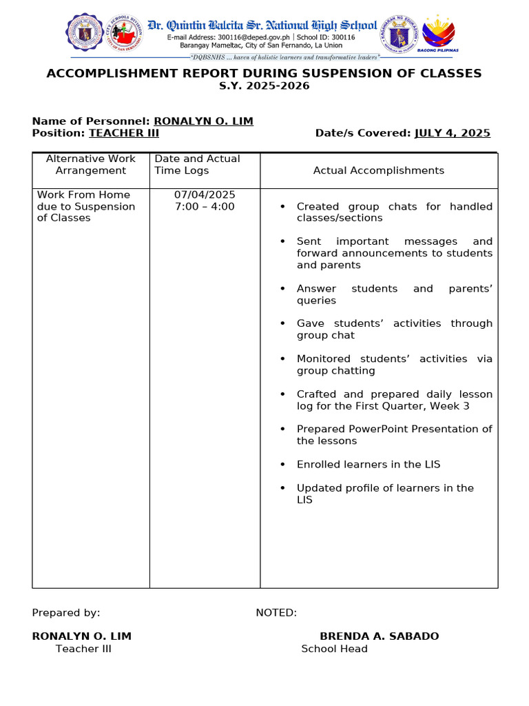 Accomplishment Report: Class Suspension Activities | PDF
