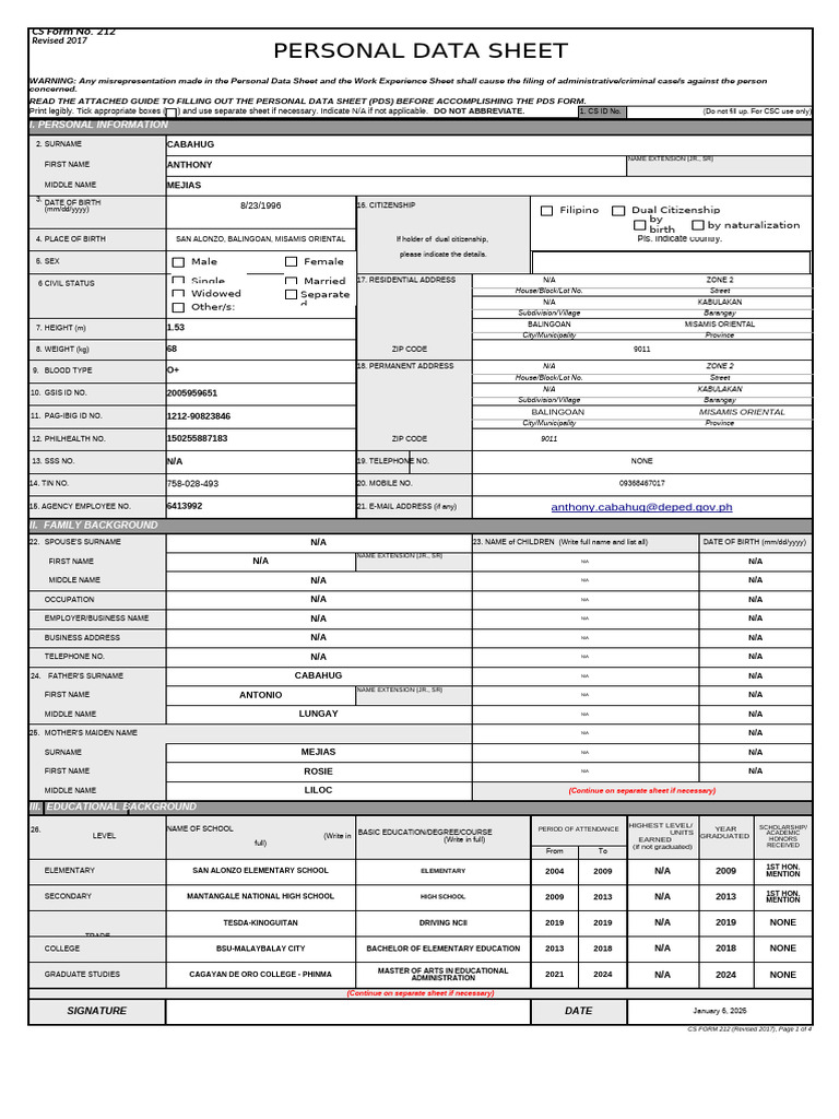 Personal Data Sheet for Employment | PDF | Teachers | Government