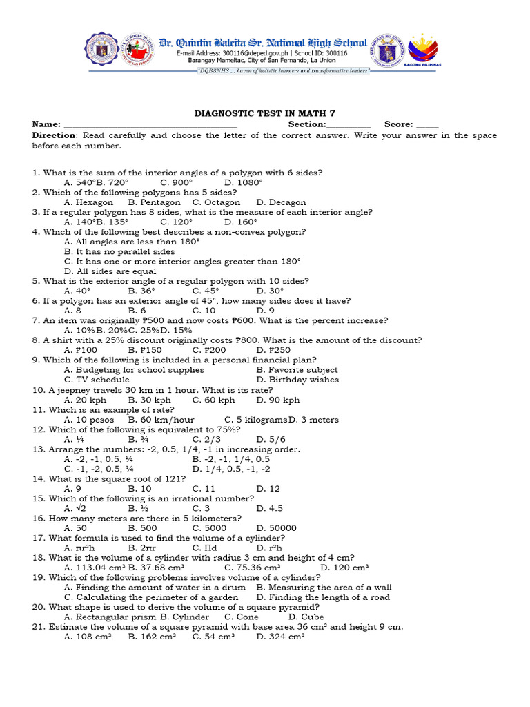 Math 7 Diagnostic Test Questions | PDF | Numbers | Equations