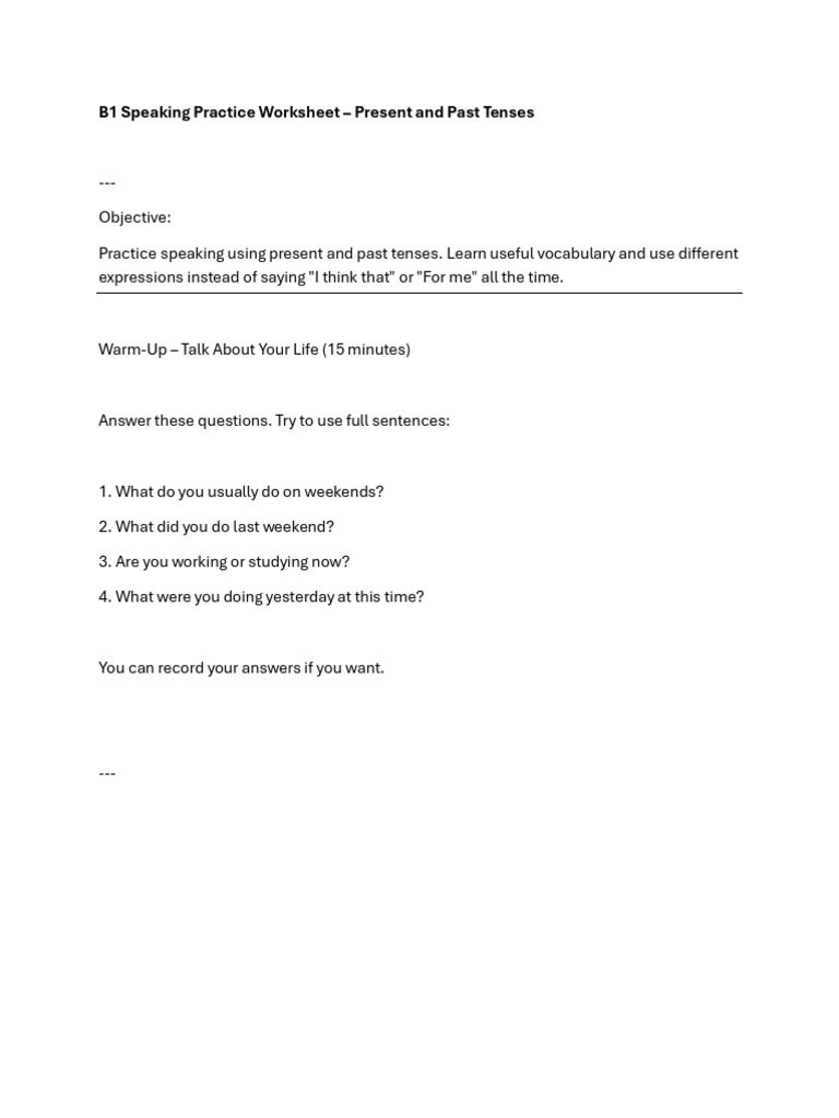 B1 Speaking Practice: Tenses & Vocabulary | PDF