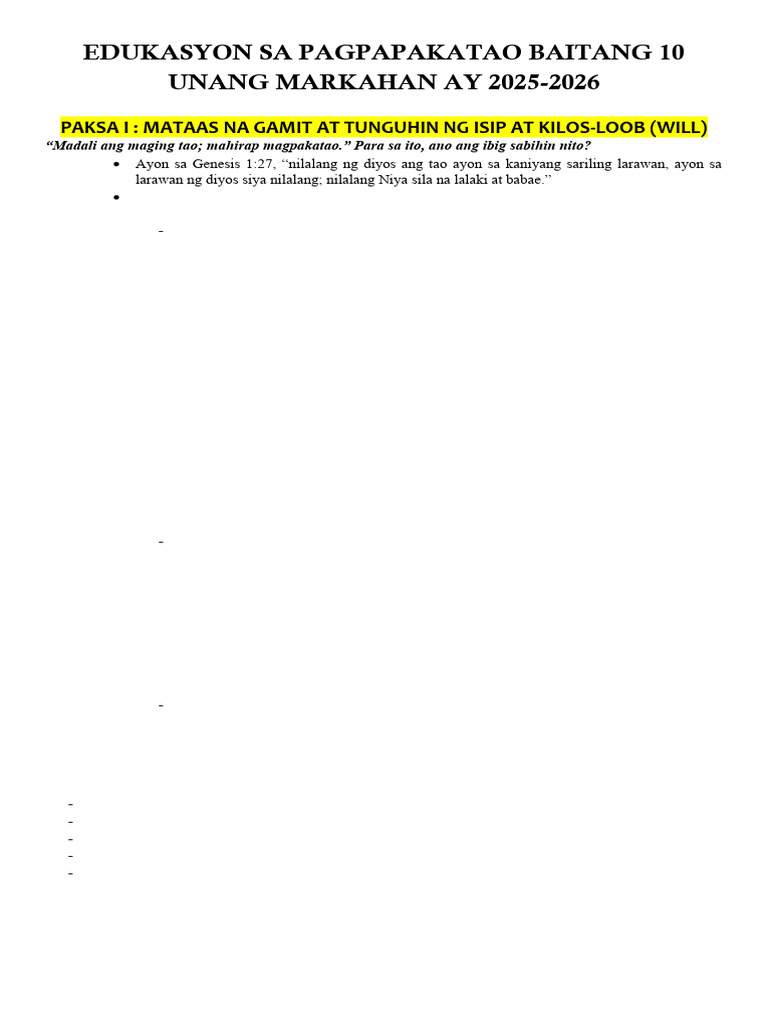 Values Ed Esp Grade 10 1st Quarter 2025 2026 | PDF