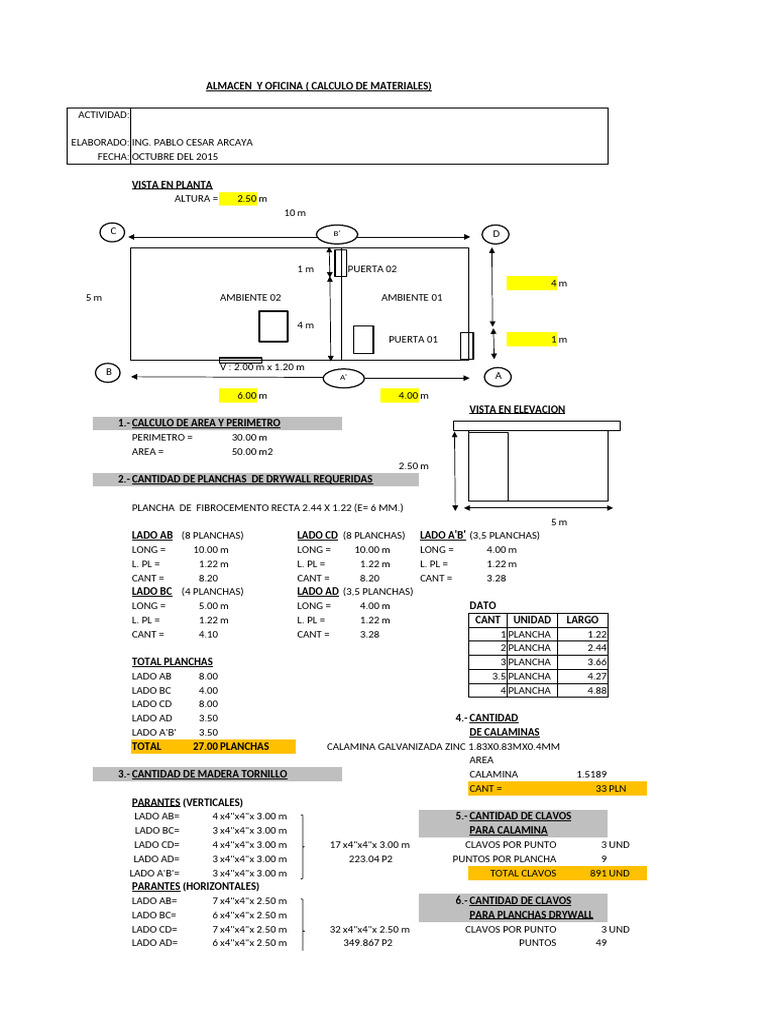 Hoja de Calculo de Materiales para Un Almacén de 10x5 | PDF