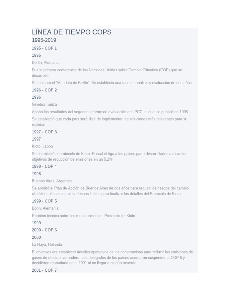 Línea de Tiempo de las COP 1995-2019 | PDF | Protocolo de Kyoto