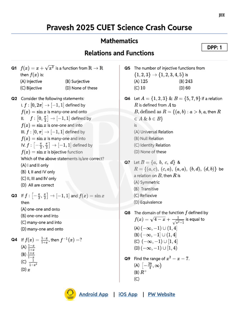 Relations and Functions - DPP 01 - Pravesh 2025 CUET Science Crash Course | PDF