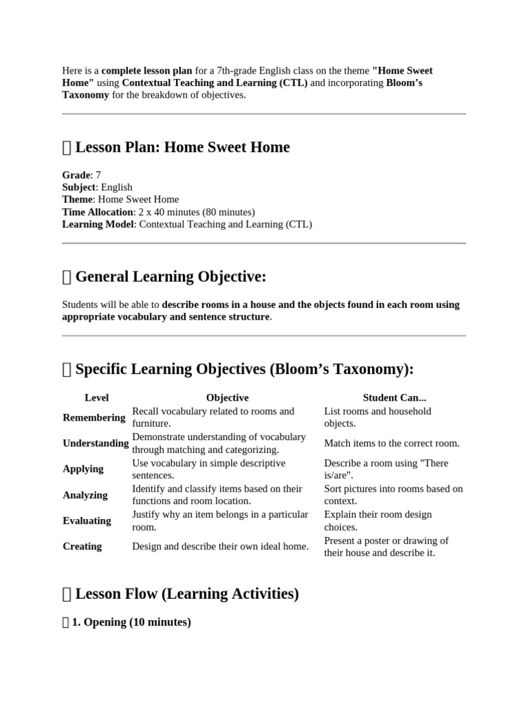 7th Grade English Lesson Plan: Home Theme | PDF | Lesson Plan | Vocabulary