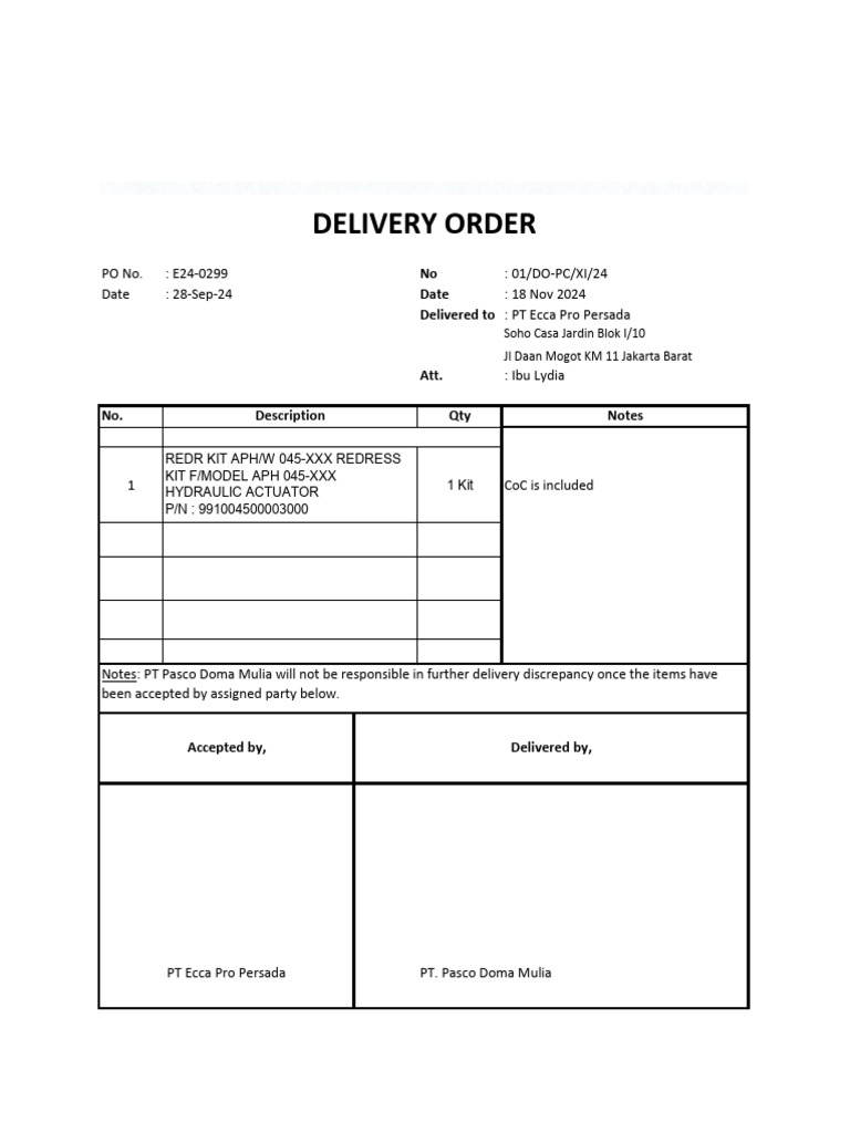 Delivery Order for Casa Jardin Jakarta | PDF