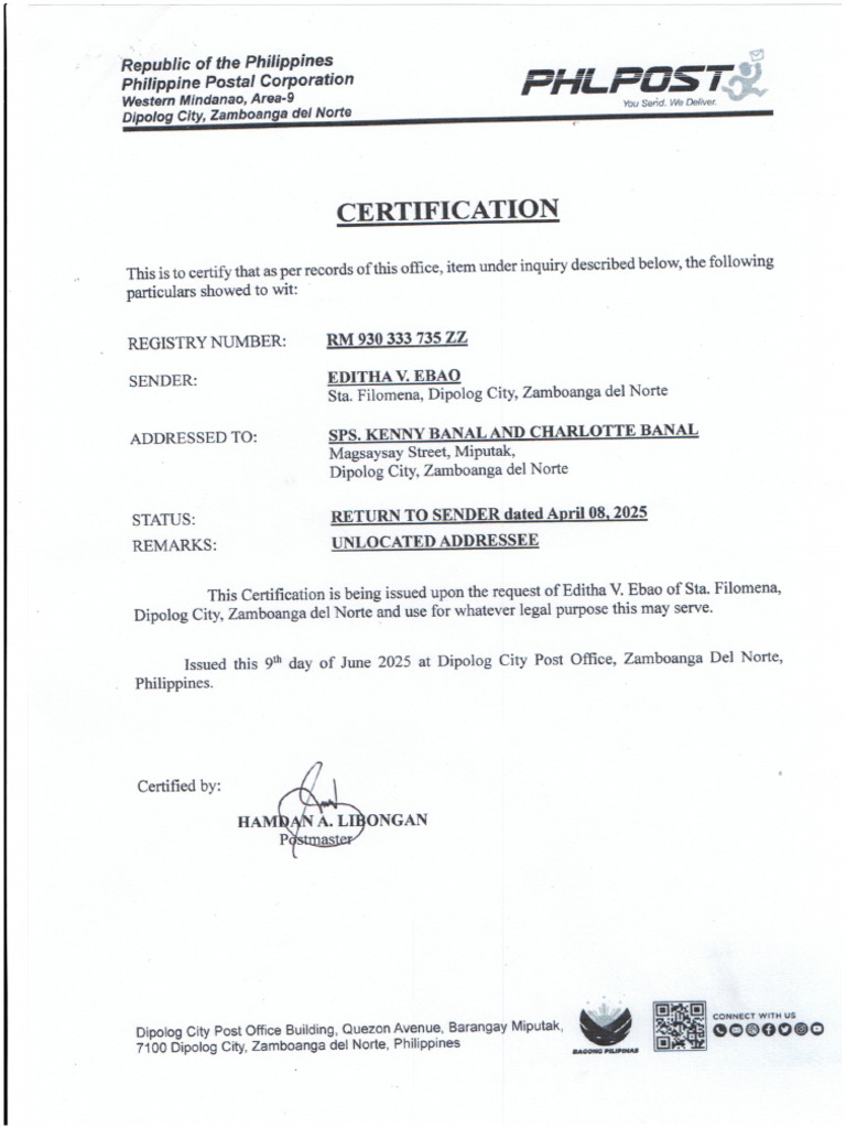 Certification From Philpost - Small Claims No.3373 | PDF