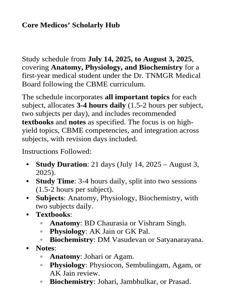 3 Week Study Schedule-Session 1 | PDF | Nervous System | Pelvis