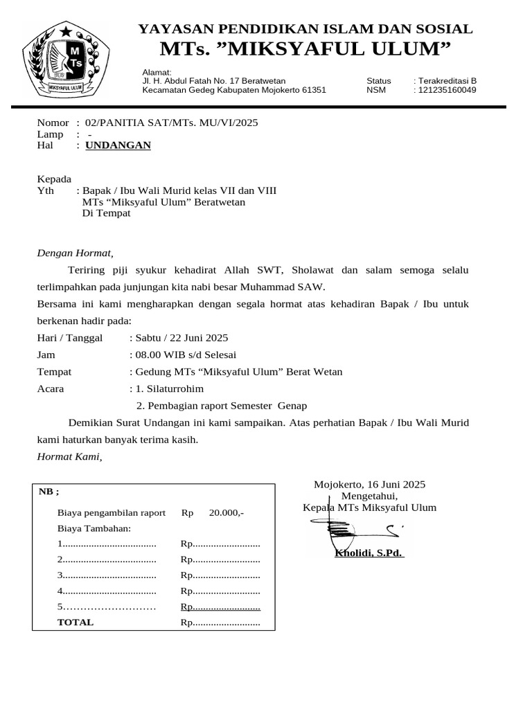 Undangan Pembagian Raport MTs Miksyaful Ulum | PDF