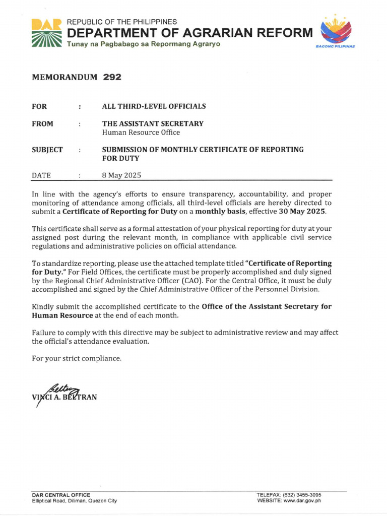 Memo 292 s2025 Submission of Monthly Certificate of Reporting For Duty ...