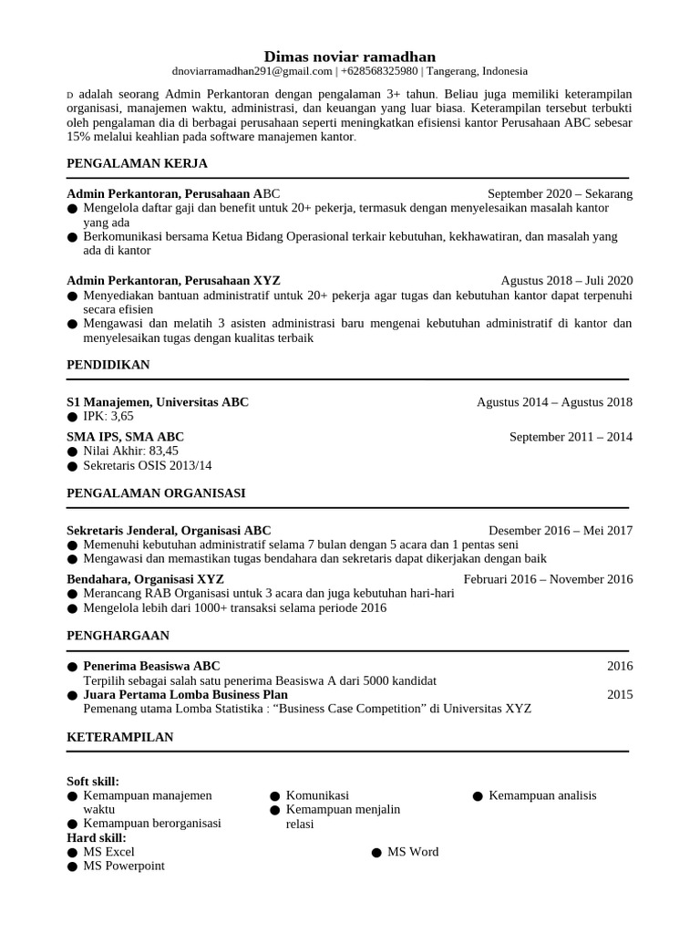Contoh CV Admin Perkantoran ATS | PDF